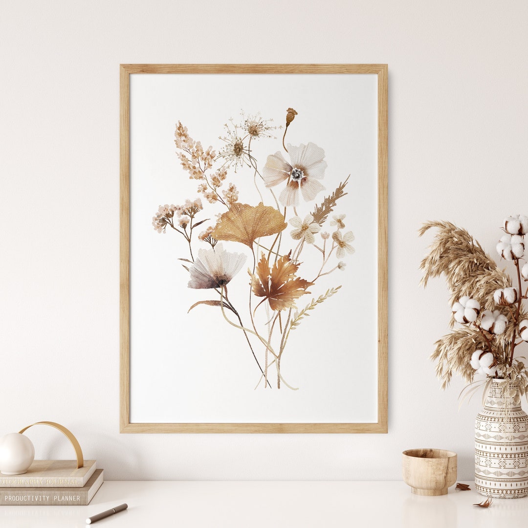 Neutral Wild Flower Bouquet Poster, Dried Fall Flower Wall Art ...
