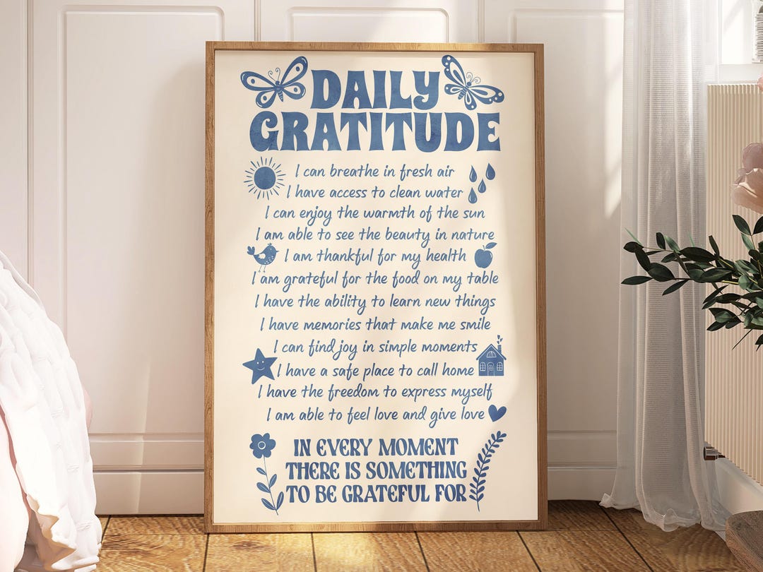 Daily Gratitude Poster, Blue Retro Print, Grateful Quote Wall Art ...