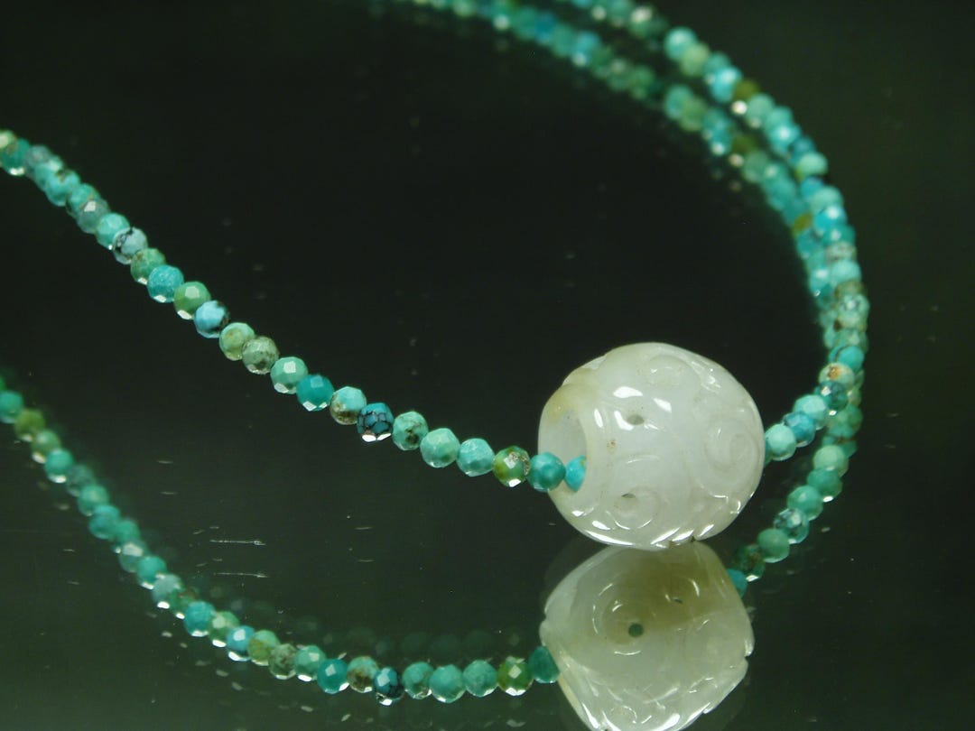 Jadeite Turquoise Necklace/ Pierced Carved Jadeite Fortune Pendant ...