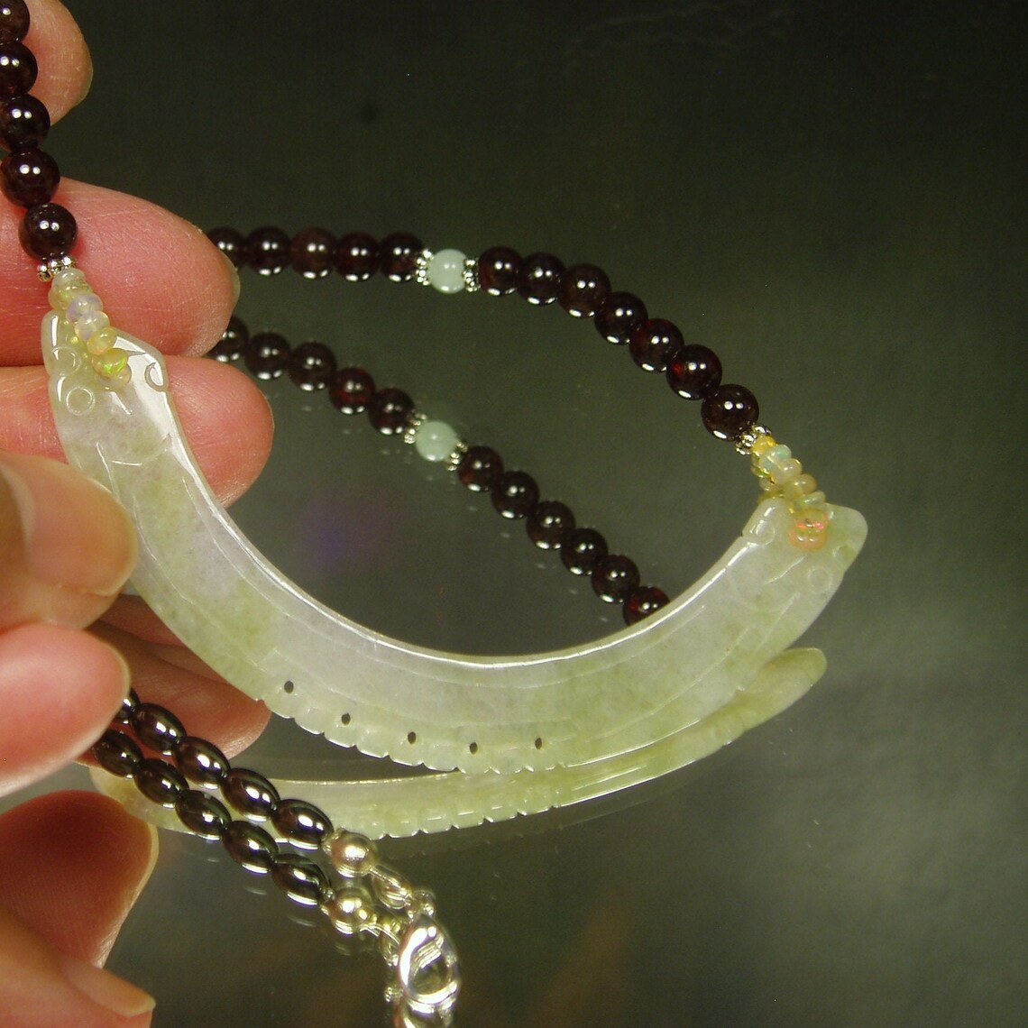 Genuine Jadeite Necklace/ Carved Jade Quarter Moon Shape | Etsy