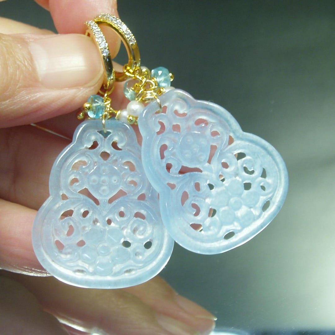 Blue Jade Earrings/ Pierce Carved Detail Flower Earrings/ Light Blue ...