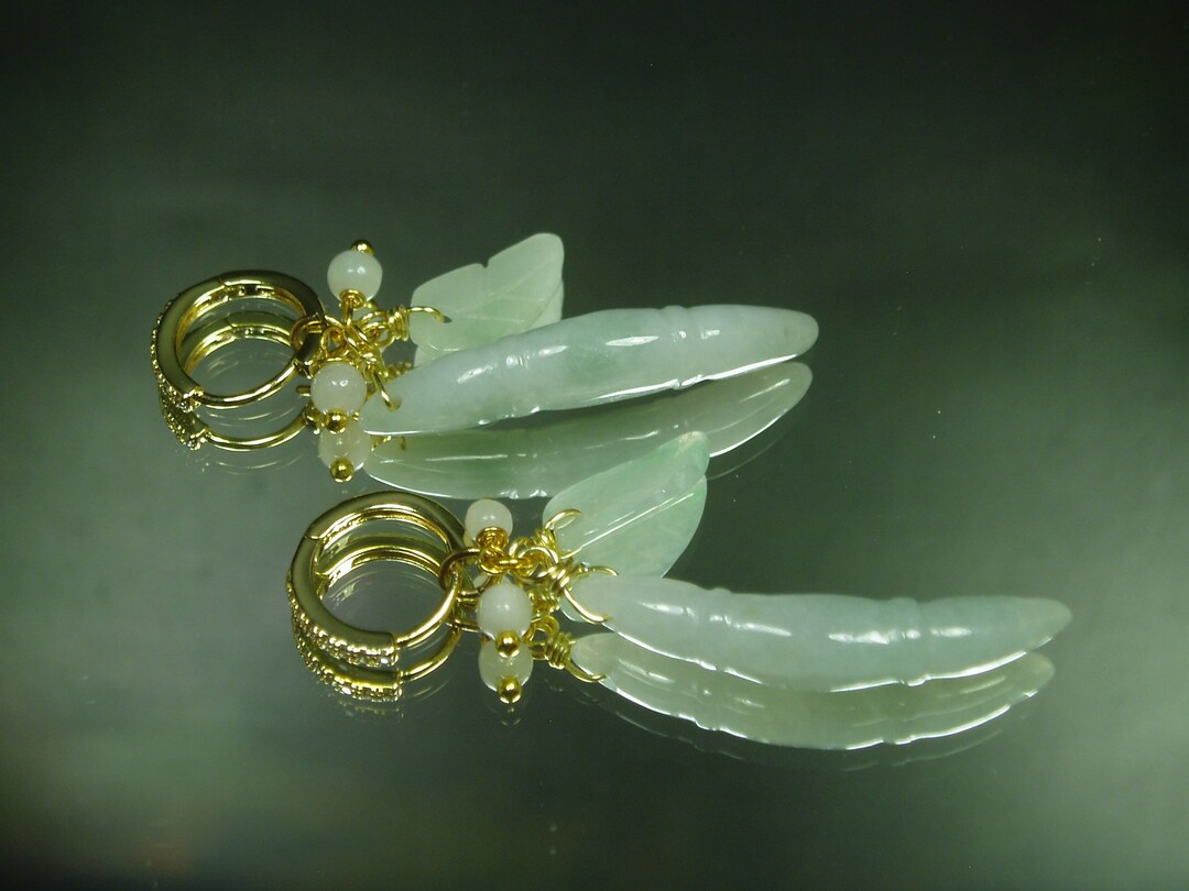 Jadeite Jade Earrings/ Jadeite Lotus Roots Leaves Dangle Earrings/ 16K ...