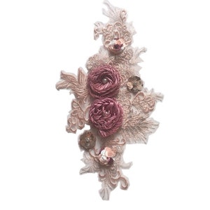 3D Pink Beaded Lace Collar Applique, Flower Patch, Embrodiered Aplique ...