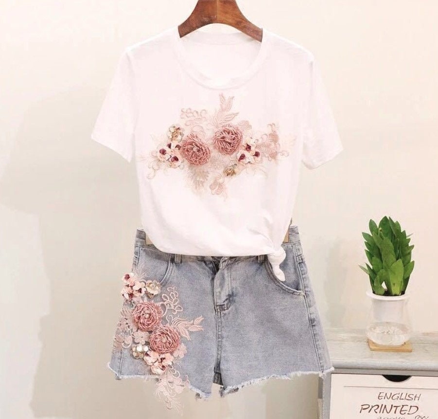 3D Pink Beaded Lace Collar Applique, Flower Patch, Embrodiered Aplique ...