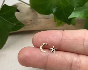 Tiny Crescent Moon and Star Stud Earrings. Mix Matched Earring | Etsy