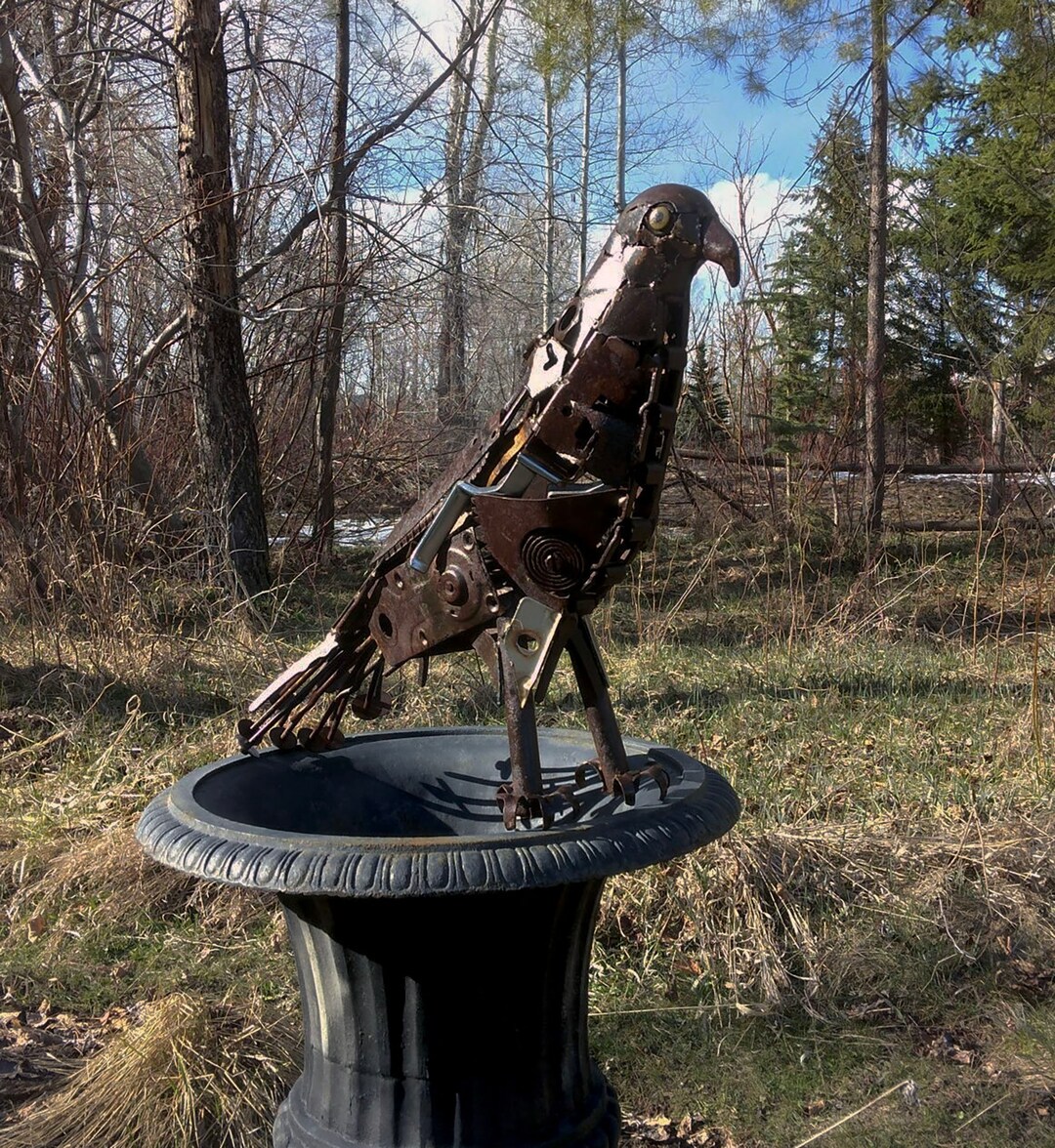 Standing Hawk Sculpture Recycled Metal Animal Figurine Wildlife Art ...