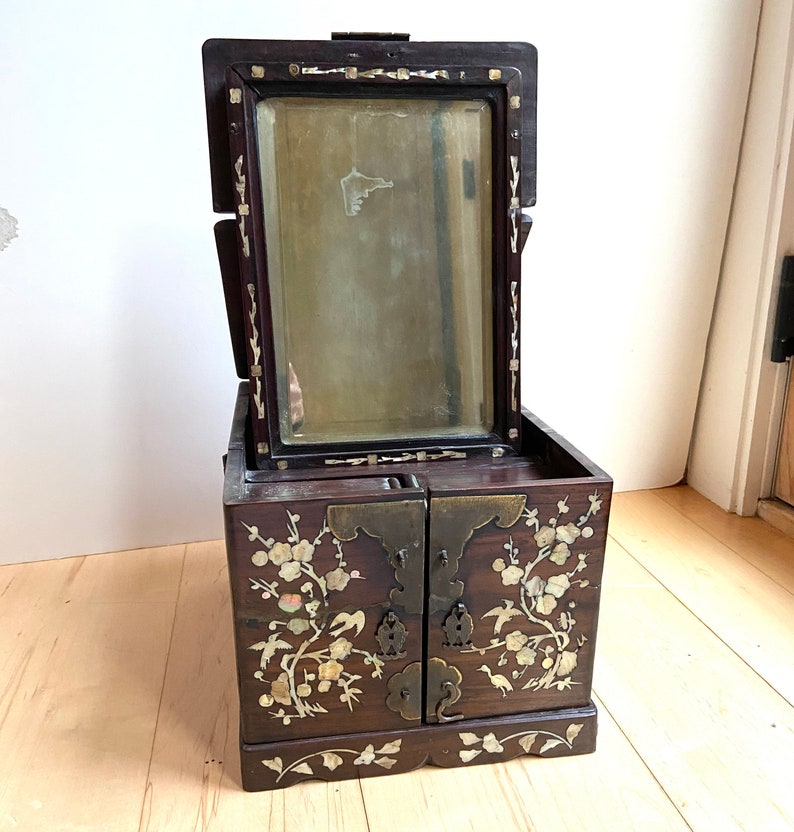 1800's Chinese Antique Rosewood Mother of Pearl Jewelry Box With Mirror ...
