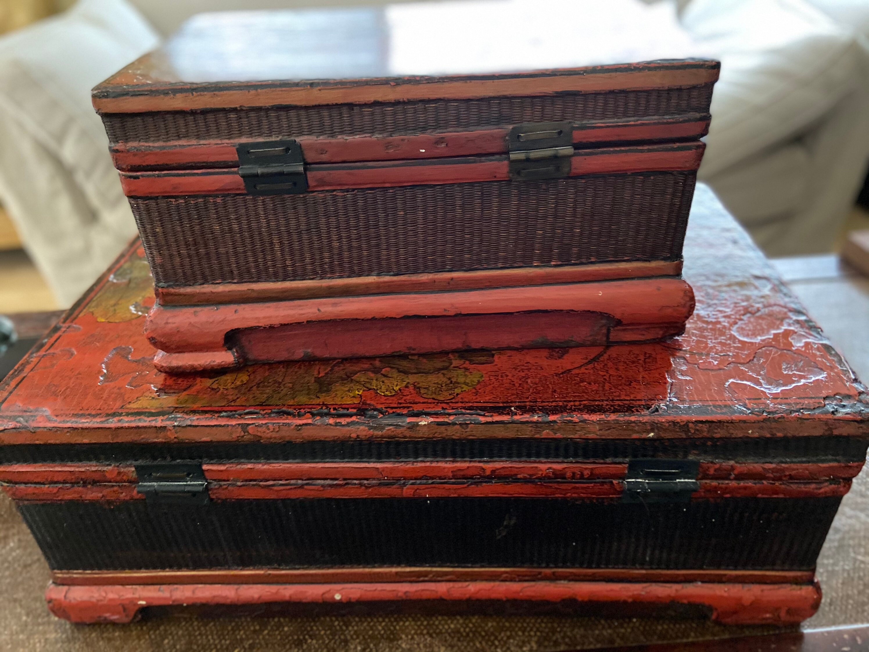 19th Century Traveling Chinese Asian Antique Bamboo and Elm Wood Trunk ...