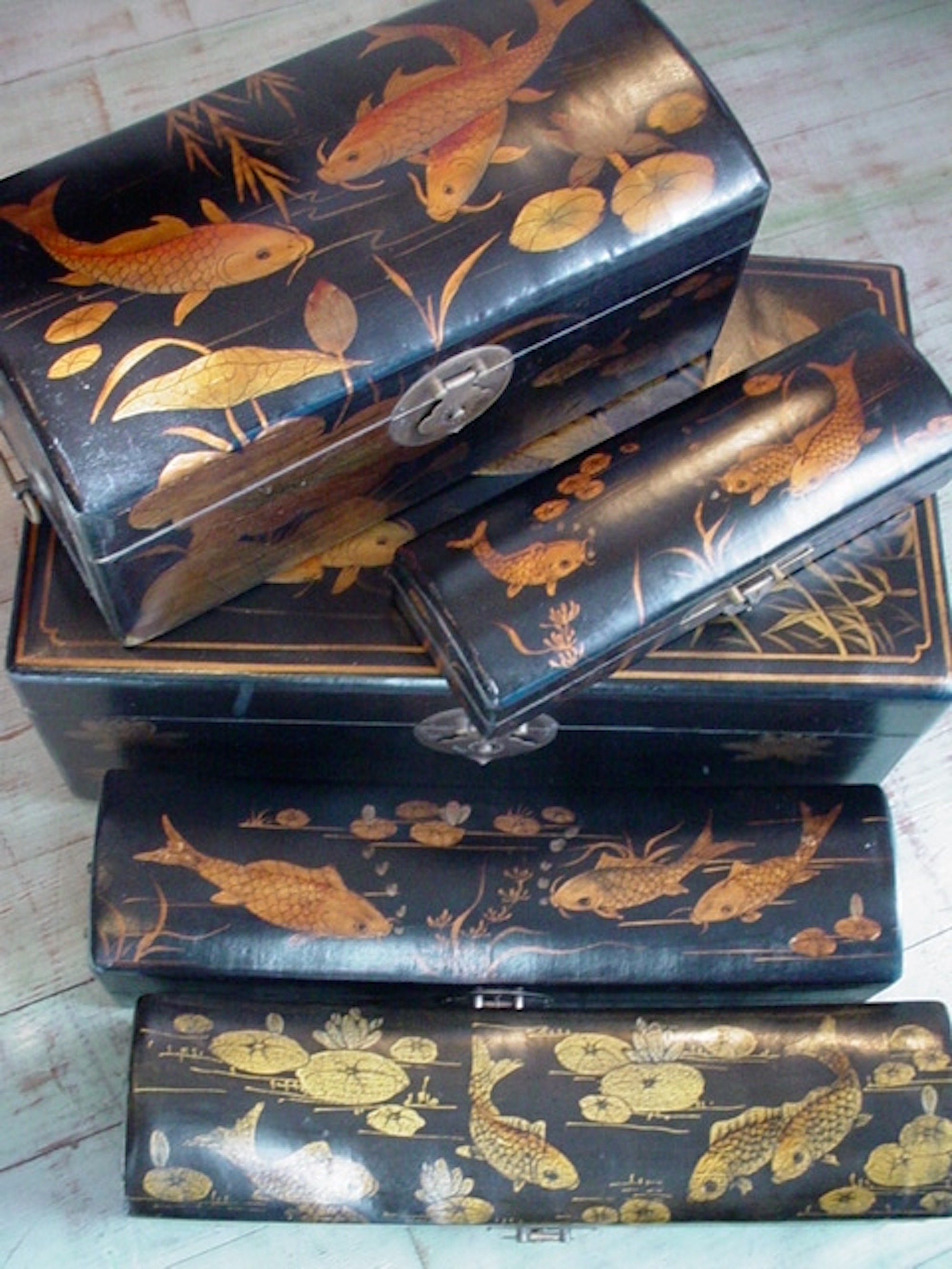 Vintage Hand Painted Jewelry Boxes - Fish Ocean Sea Theme ~ Asian ...
