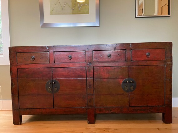 19th Century Chinese Antique Chinoiserie Red Painted Asian Sideboard Cabinet Qing Dynasty Etsy