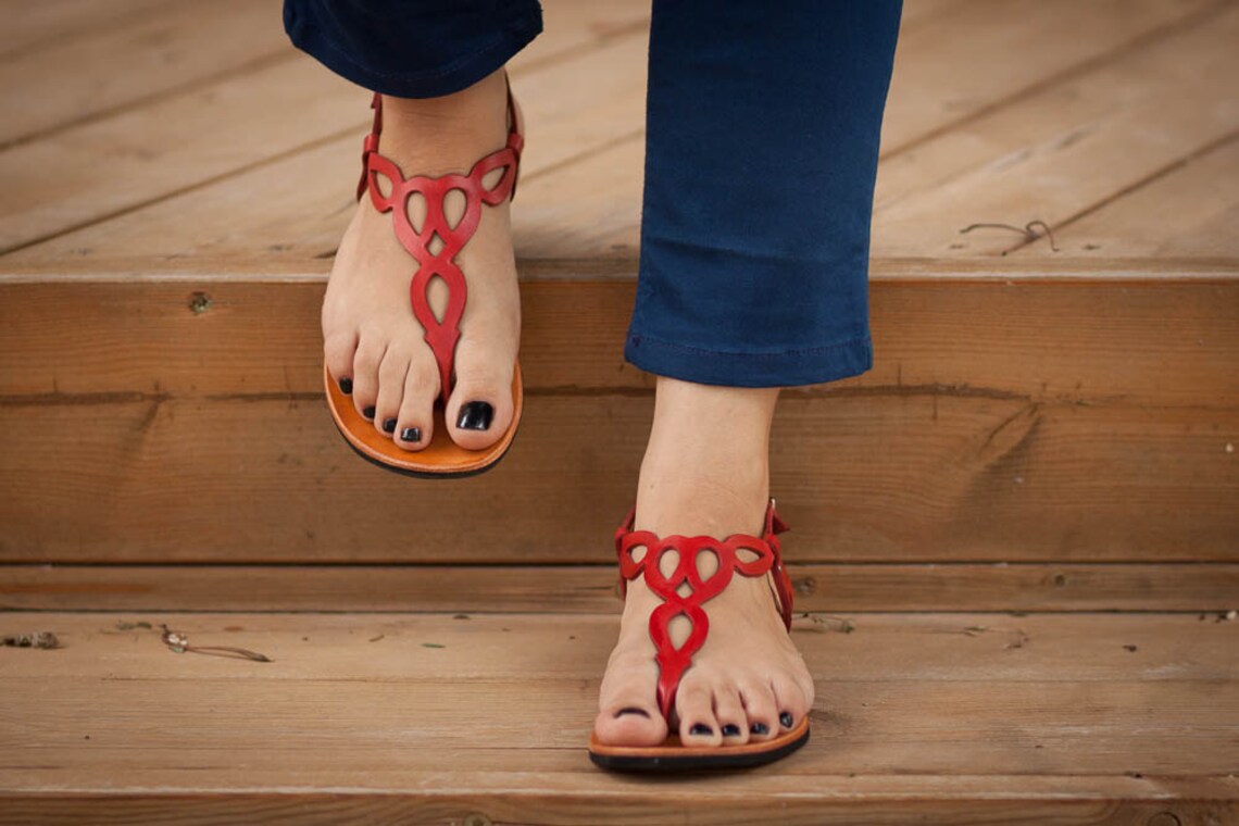 Red Leather Sandals Red Sandals Flat Sandals Summer Shoes | Etsy
