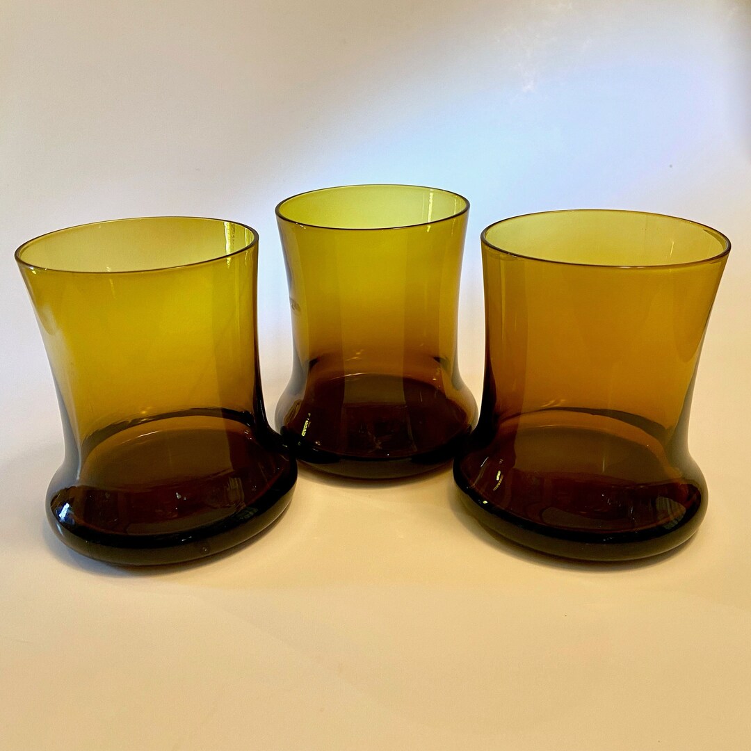 Unique Set of Three Vintage Dark Amber Short 14 Ounce Tumblers With ...