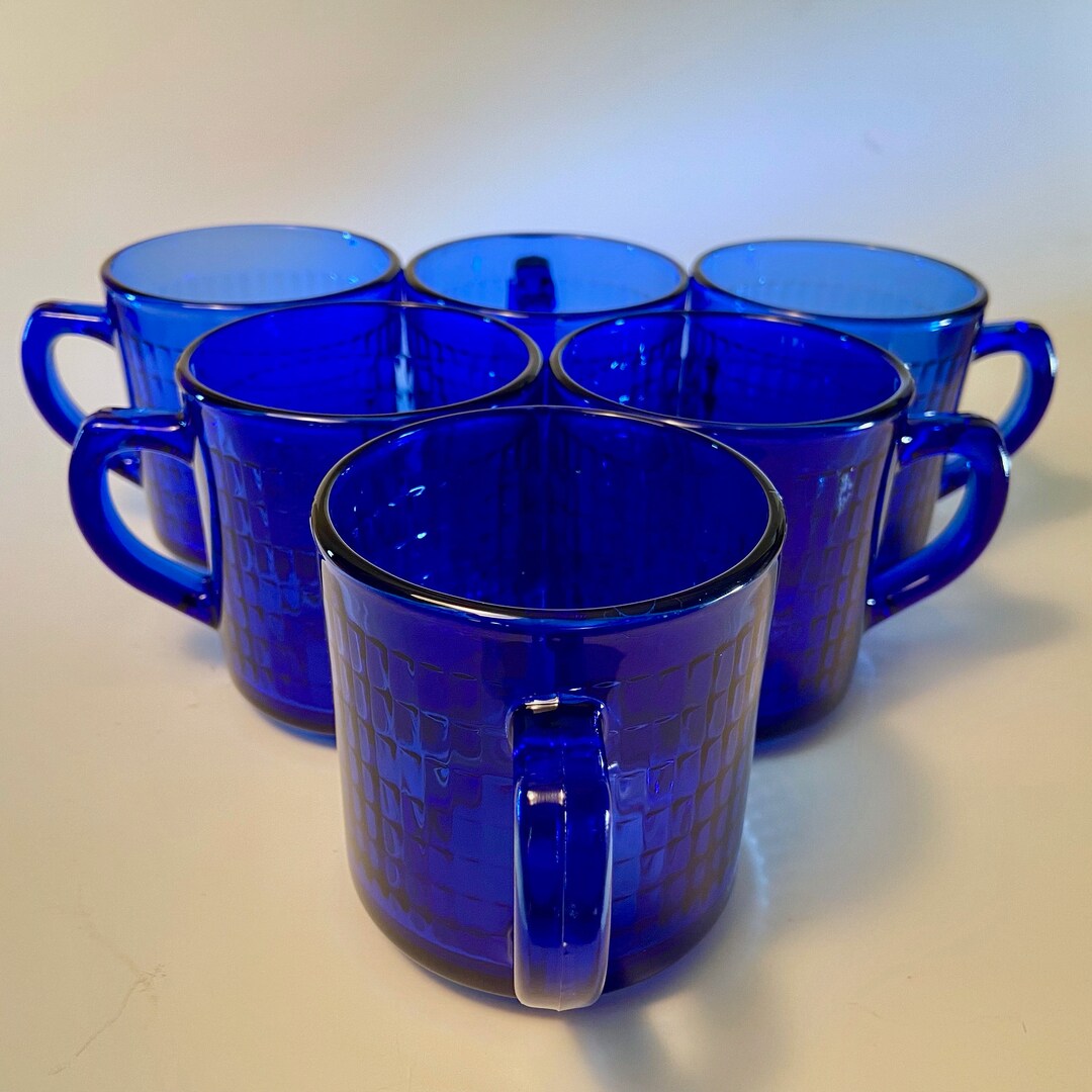 Set Of Six Cobalt Blue Glass Cups With Texture Grid Pattern Made In Mexico Price Includes All