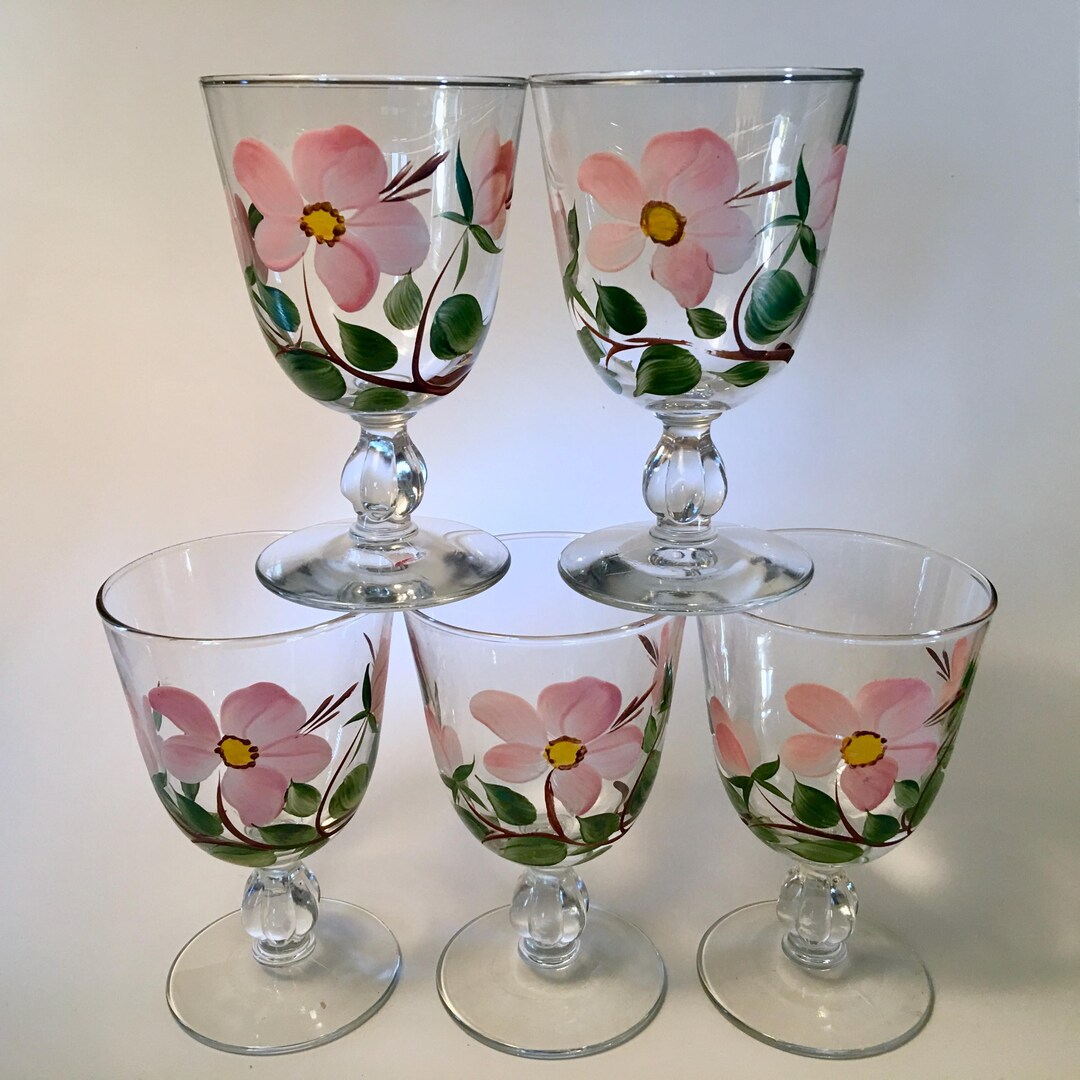 Set of Five Vintage Hand Painted Glass Goblets - Works With Franciscan ...