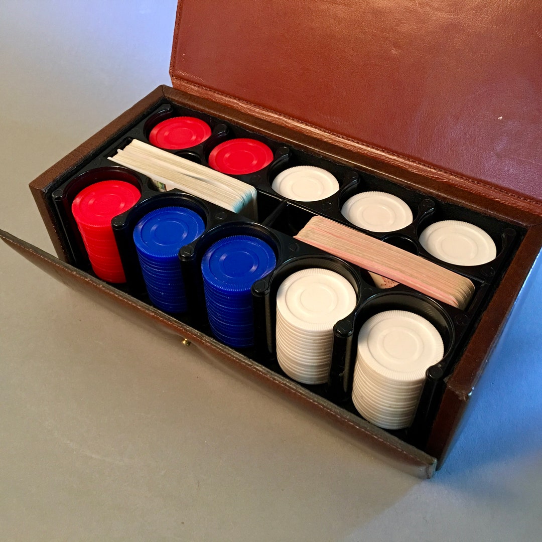 Vintage Poker Chip Caddy in Stitched Faux Leather Case Filled With Red ...