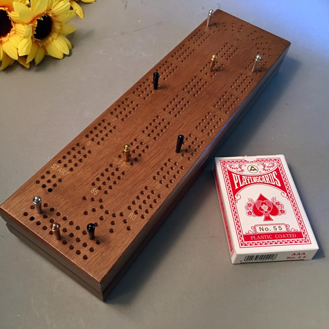 Vintage Solid Wood Cribbage Board Hinged Case With Card Deck and 9 Metal Pegs Concealed Inside ...