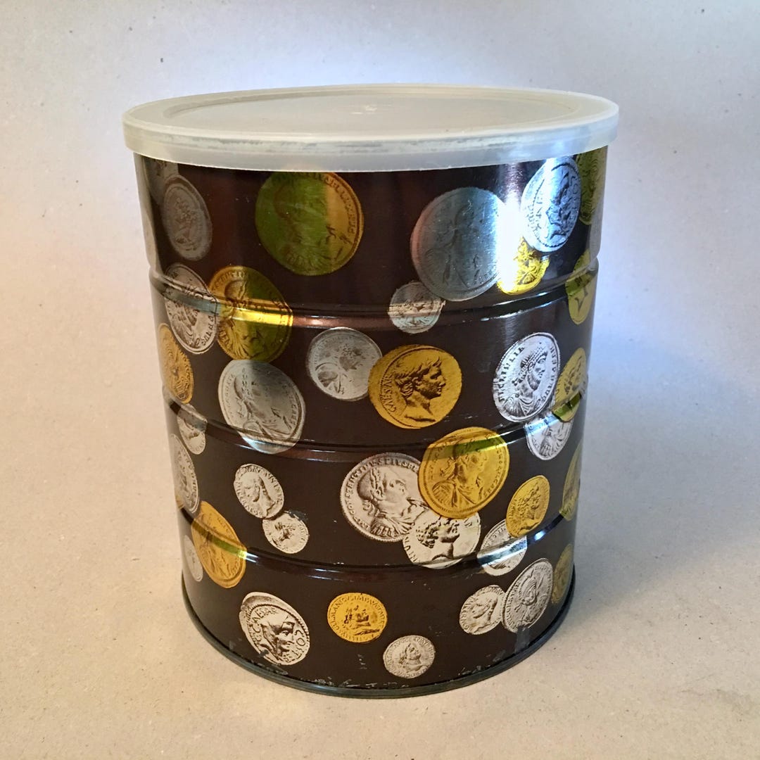 Vintage Coffee Tin Container With Coin Design - Includes Original ...