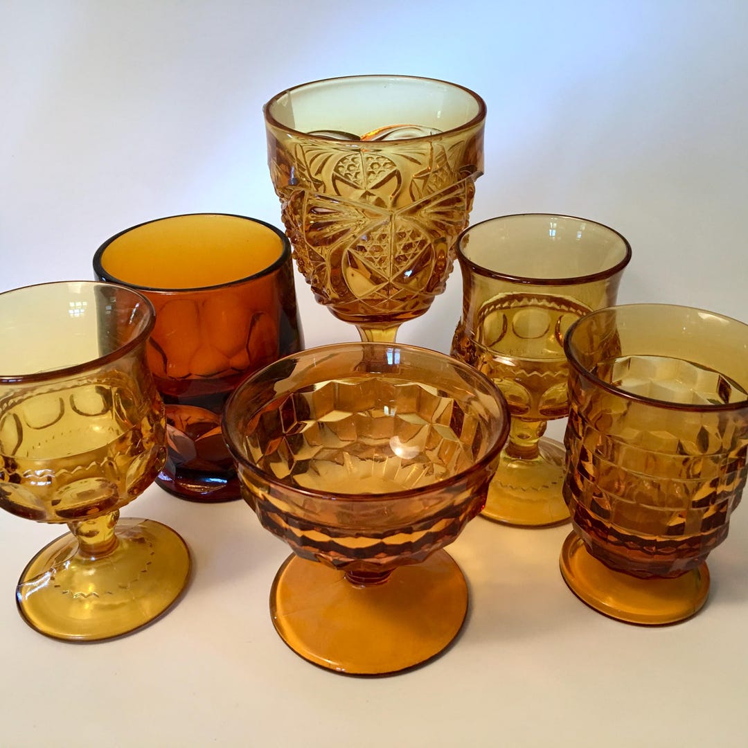 Collection of Six Mismatched Vintage Amber Color Glassware in Various ...