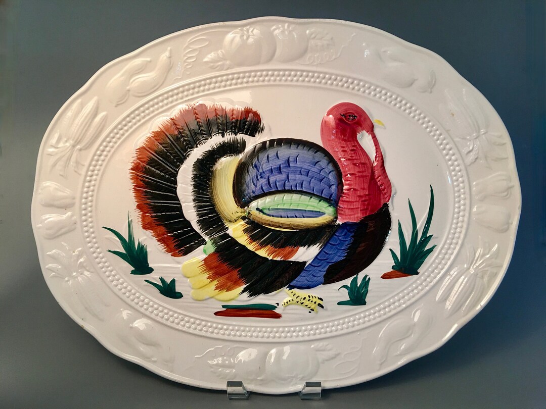 Vintage Large Oval Ceramic Thanksgiving Turkey Platter Hand Painted ...