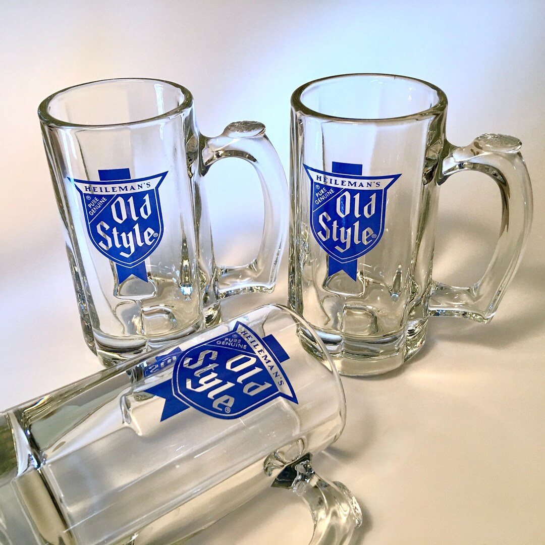 Set of Three Heileman's Old Style Thick and Heavy Glass Mugs With Blue ...