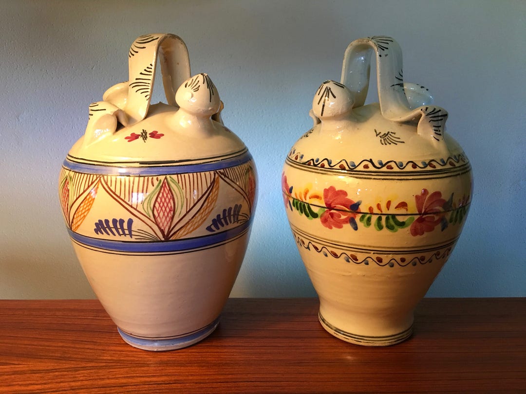 Two Large Hand Crafted Colorful Pottery Pitcher Jugs - Price is for ...