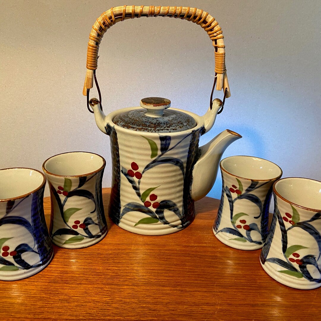 Vintage Five-piece Pottery Tea Set - Includes One Teapot and Four Cups ...