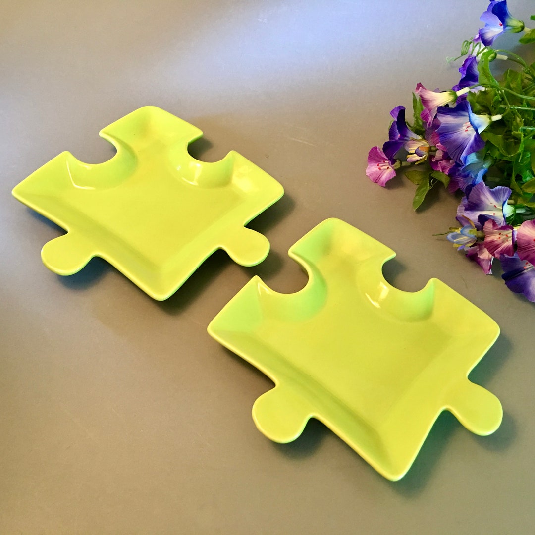 Set of Two Green Jigsaw Puzzle Ceramic Appetizer Plates From Bella Casa ...