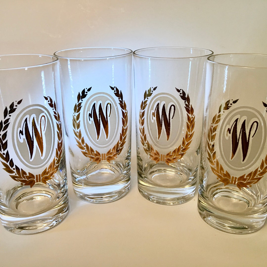 Set of Four Vintage Fancy Glass Tumblers Monogrammed With the Letter "w ...