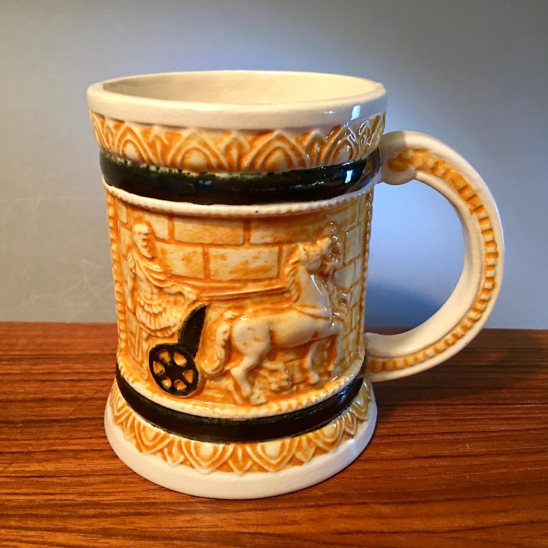 Collection of Five Vintage Majolica Roman Chariot Beer Mugs or Steins ...