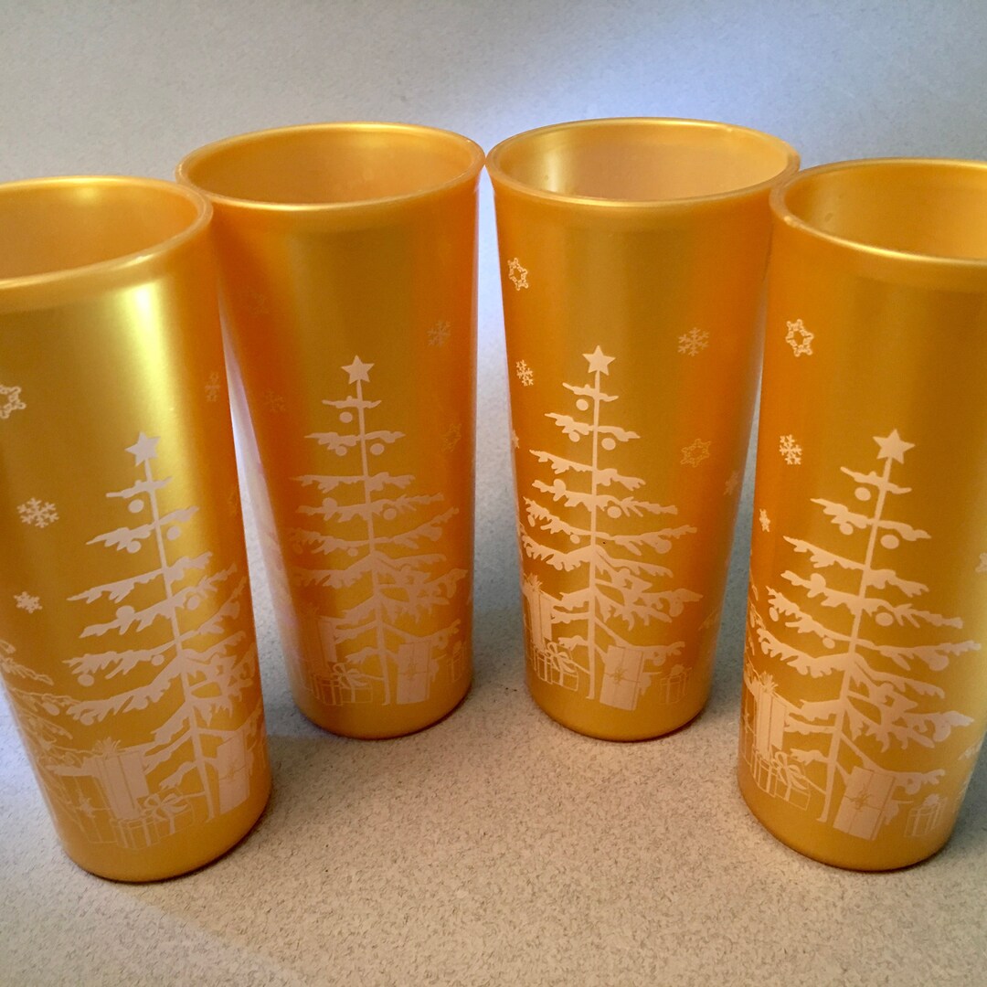 Set of Four Gold Tupperware Tall Tumblers With Christmas Tree Images ...
