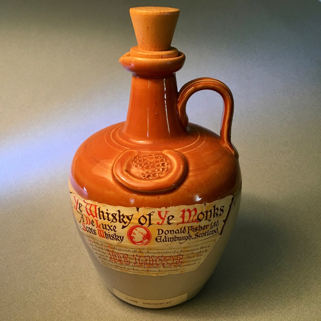 Vintage "ye Whisky of Ye Monks" A De Luxe Scots Whisky Glazed Stone Jug ...
