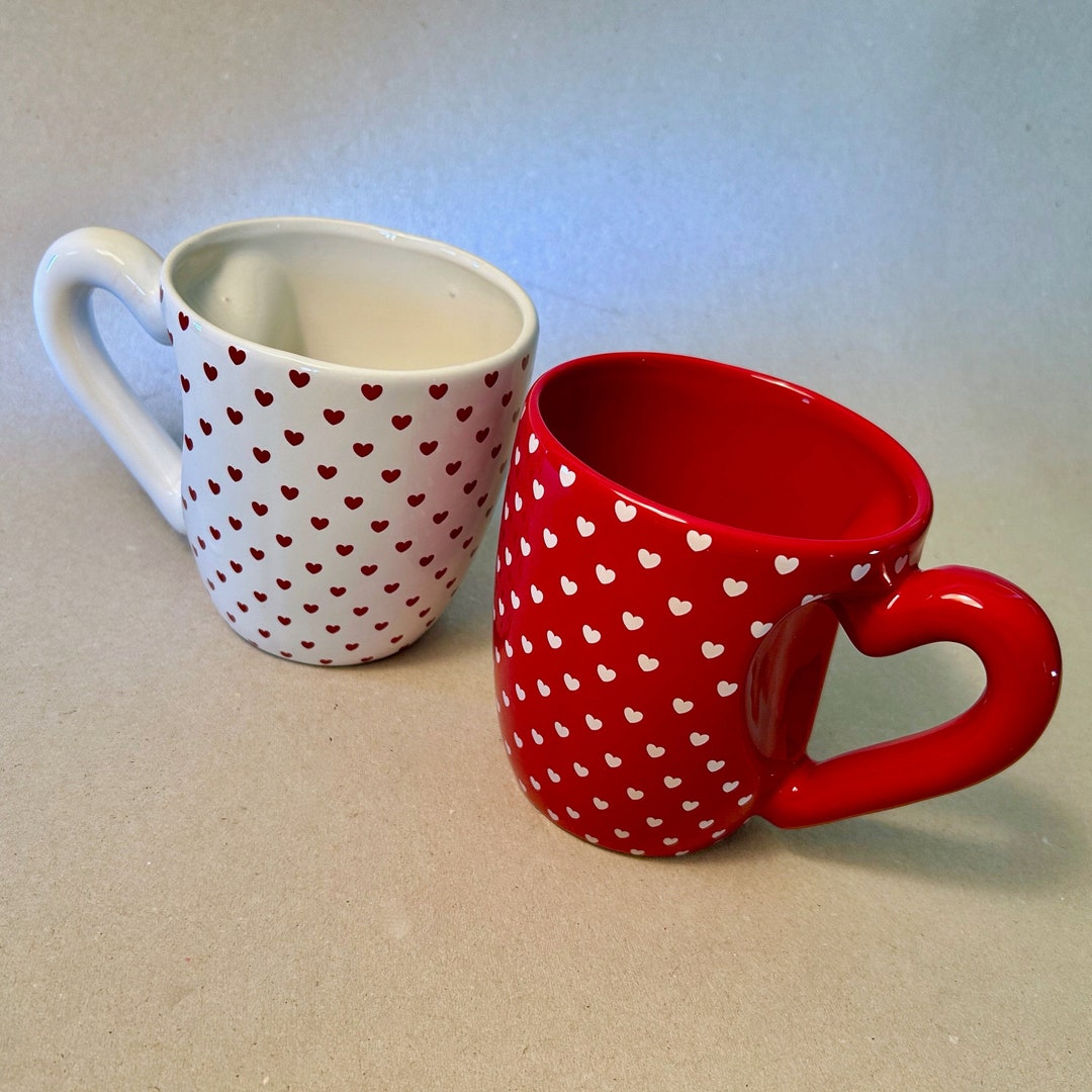 Pair of Large Red and White "hearts Mugs" With Unique Handles Made in ...