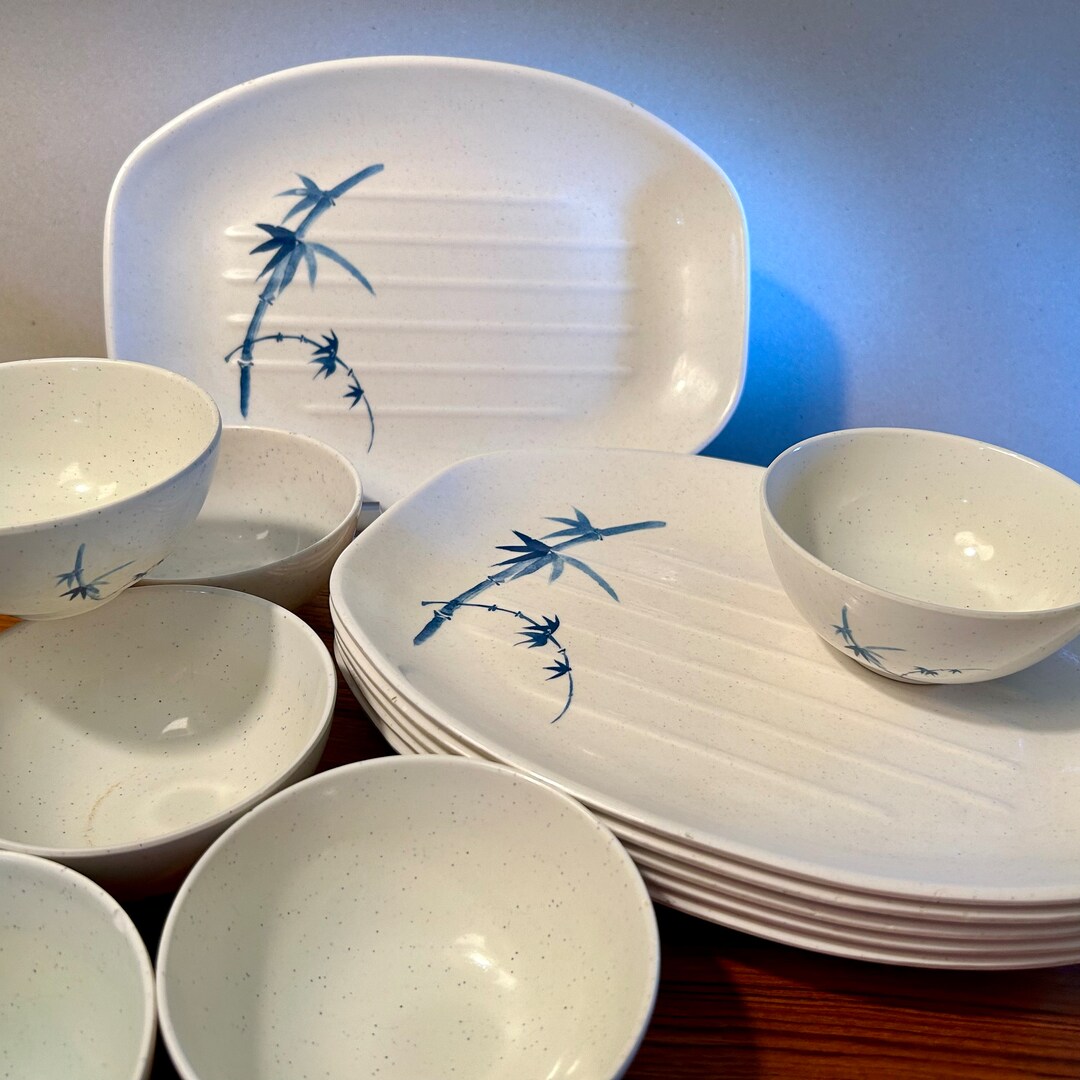 Vintage Tar-hong "blue Bamboo" Melamine Ware Set - Includes 6 Oval ...