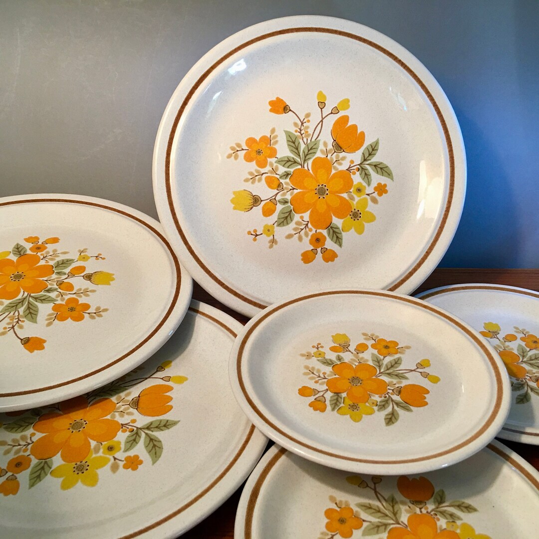 Lot of 6 Vintage Nikko Color Stone Stoneware Plates With Bright Flowers ...
