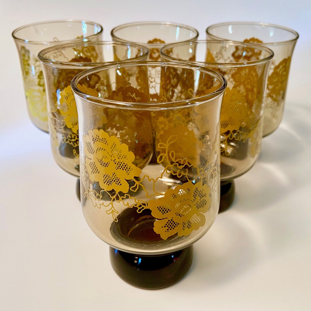 Set of Six Groovy Smokey Brown Tumbler Glasses With Yellow Flowers - Etsy