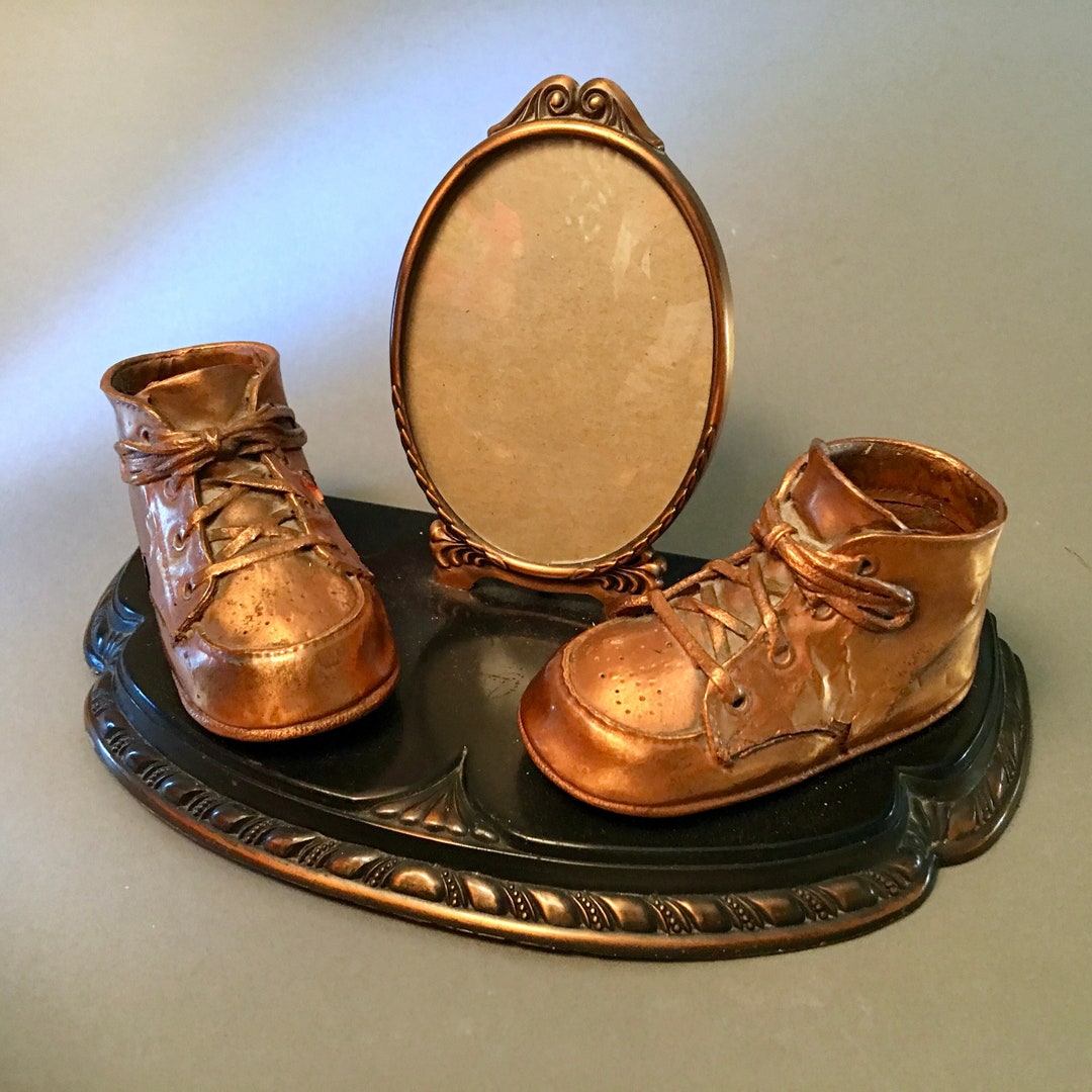 Vintage Bronzed Baby Shoes With Small Glass Picture Frame on Base - Etsy