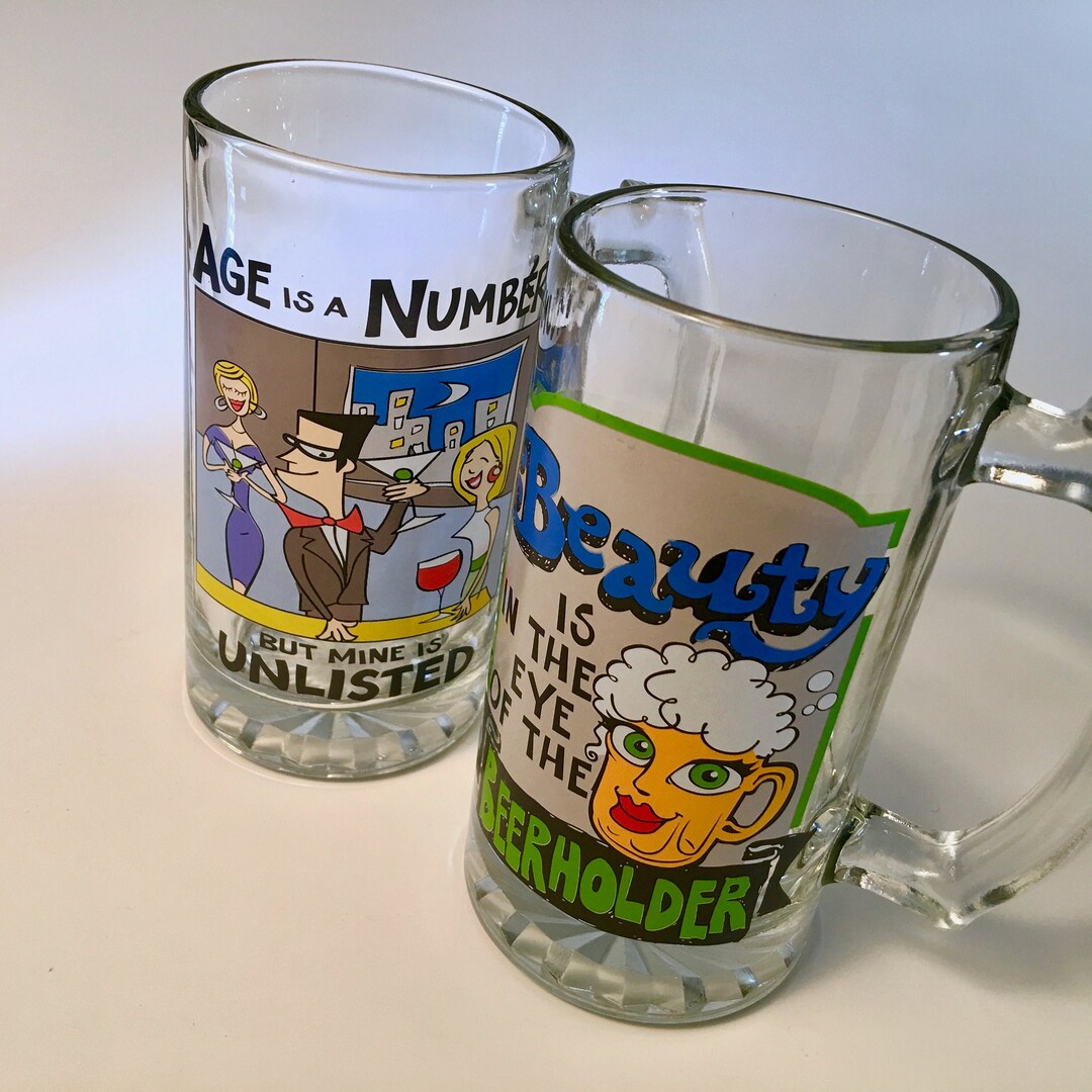 Pair of funny comical beer mugs Age is a number, but mine is unlisted ...