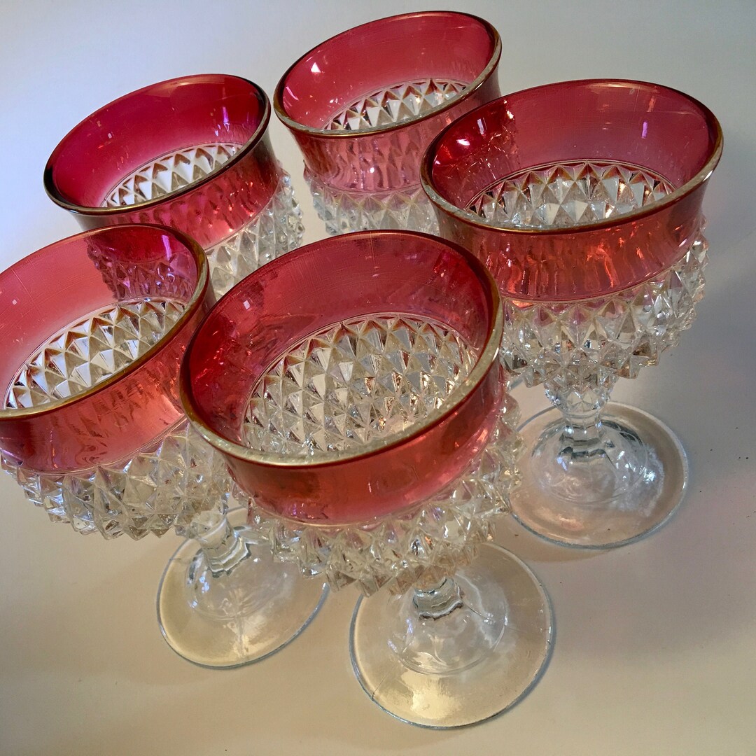 Set of Five Indiana Glass Diamond Point Ruby Band Heavy Water Goblets ...