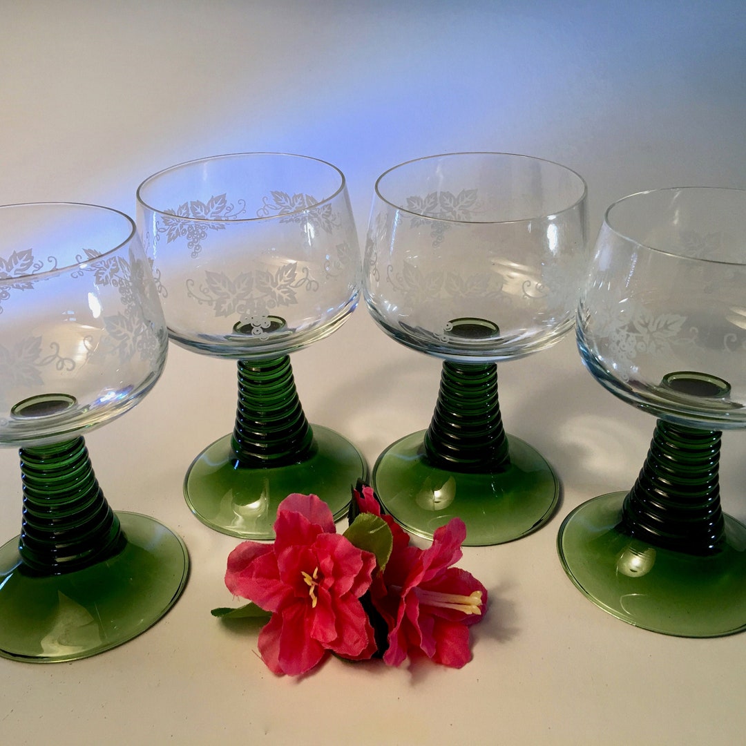 1 SET LEFT! Stunning Set of Four Wine Goblets With Green Coil Stems and ...