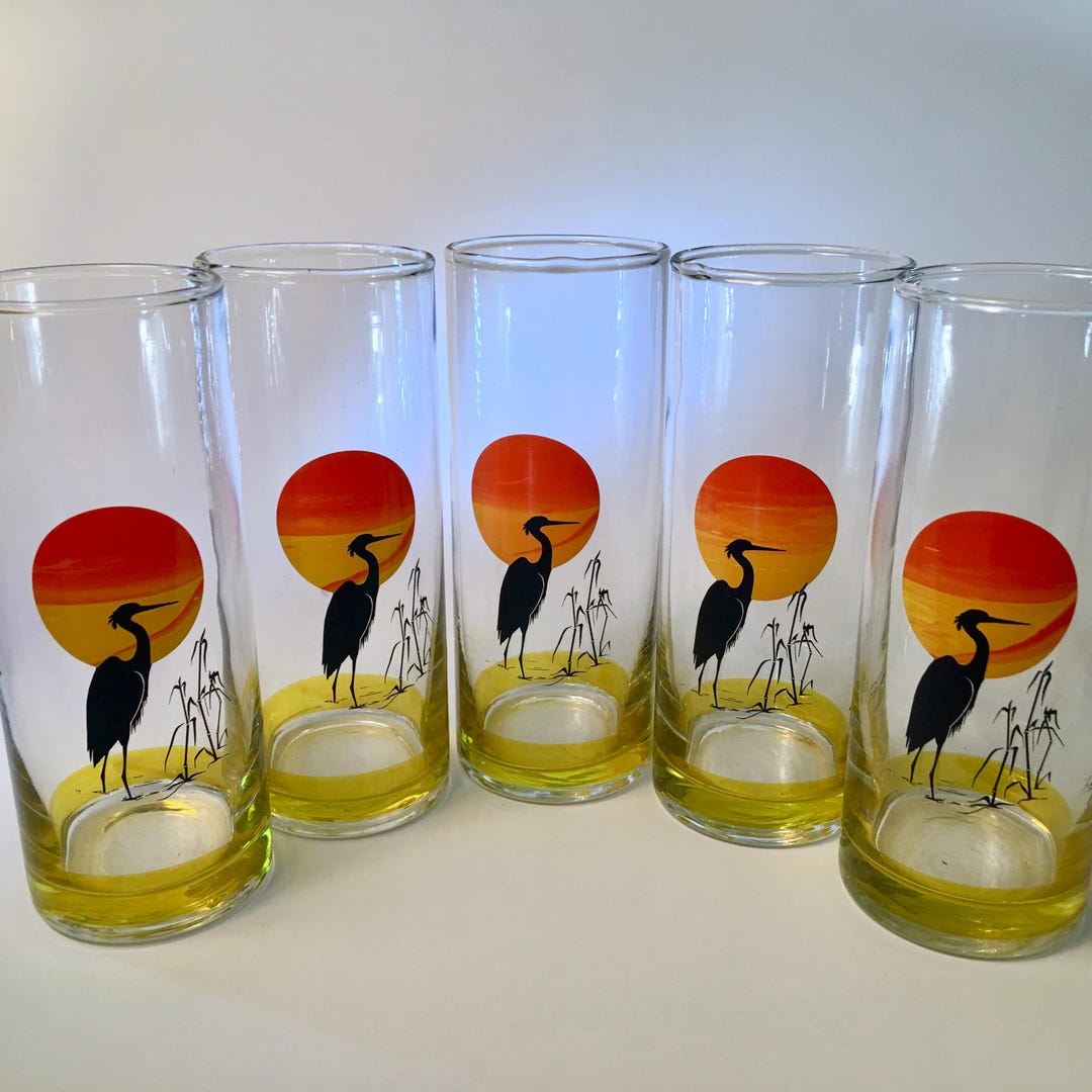 Set of Five Vintage Panache Tall Tumblers Featuring a Silhouetted Heron ...