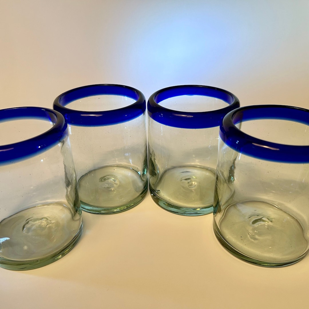 Set of Four Mexico Hand Blown Glass Tumblers With Cobalt Blue Rims ...