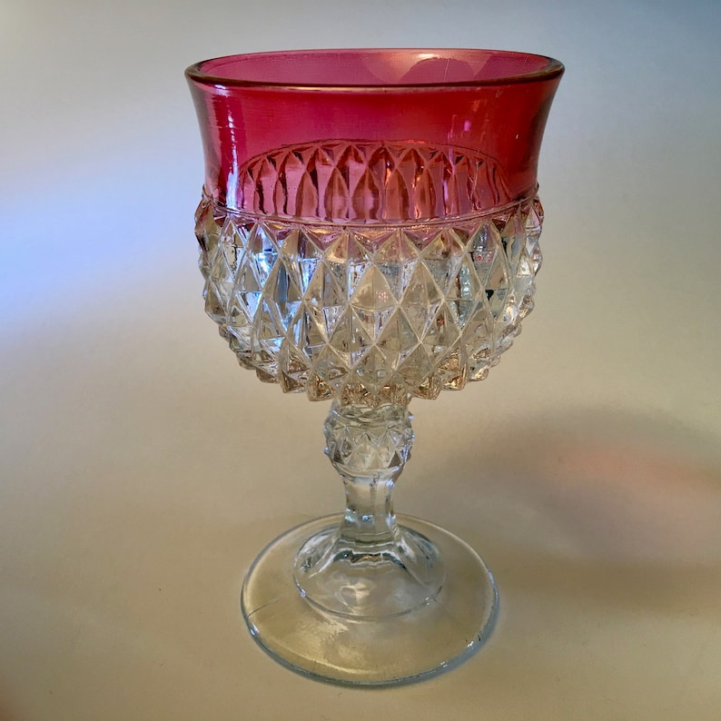 Set of Five Indiana Glass Diamond Point Ruby Band Heavy Water Goblets ...