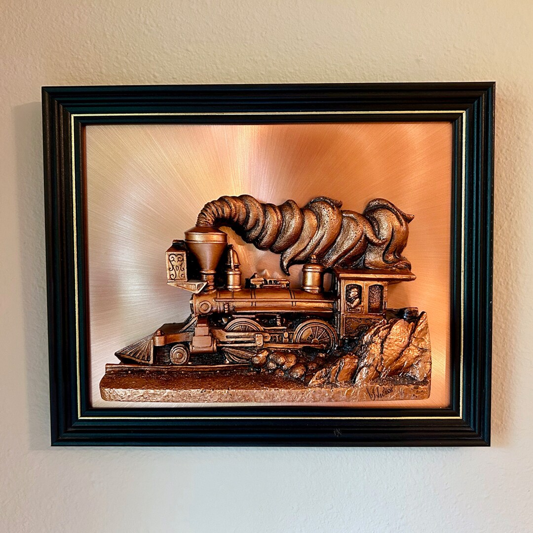 Vintage 3D Copper Train Engine Locomotive Signed by Victor - Measures ...