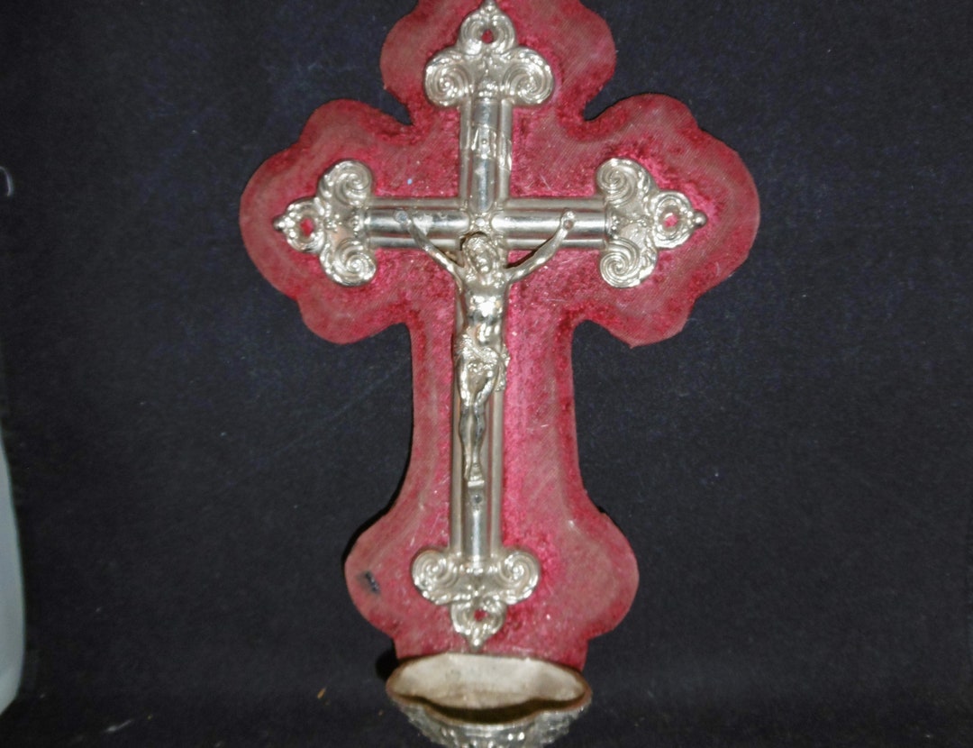 Antique French Crucifix, Benetier, Holy Water Font in Deep Red Velvet ...