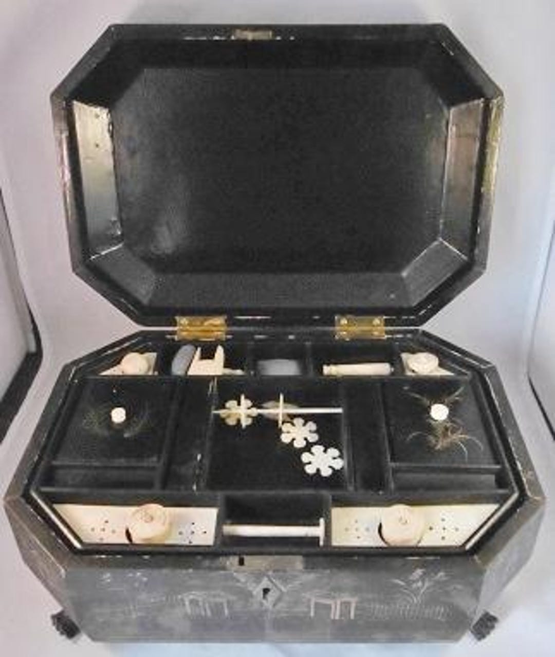 Antique Chinese Export Black Lacquer Sewing Box, Lace Makers Tatting ...