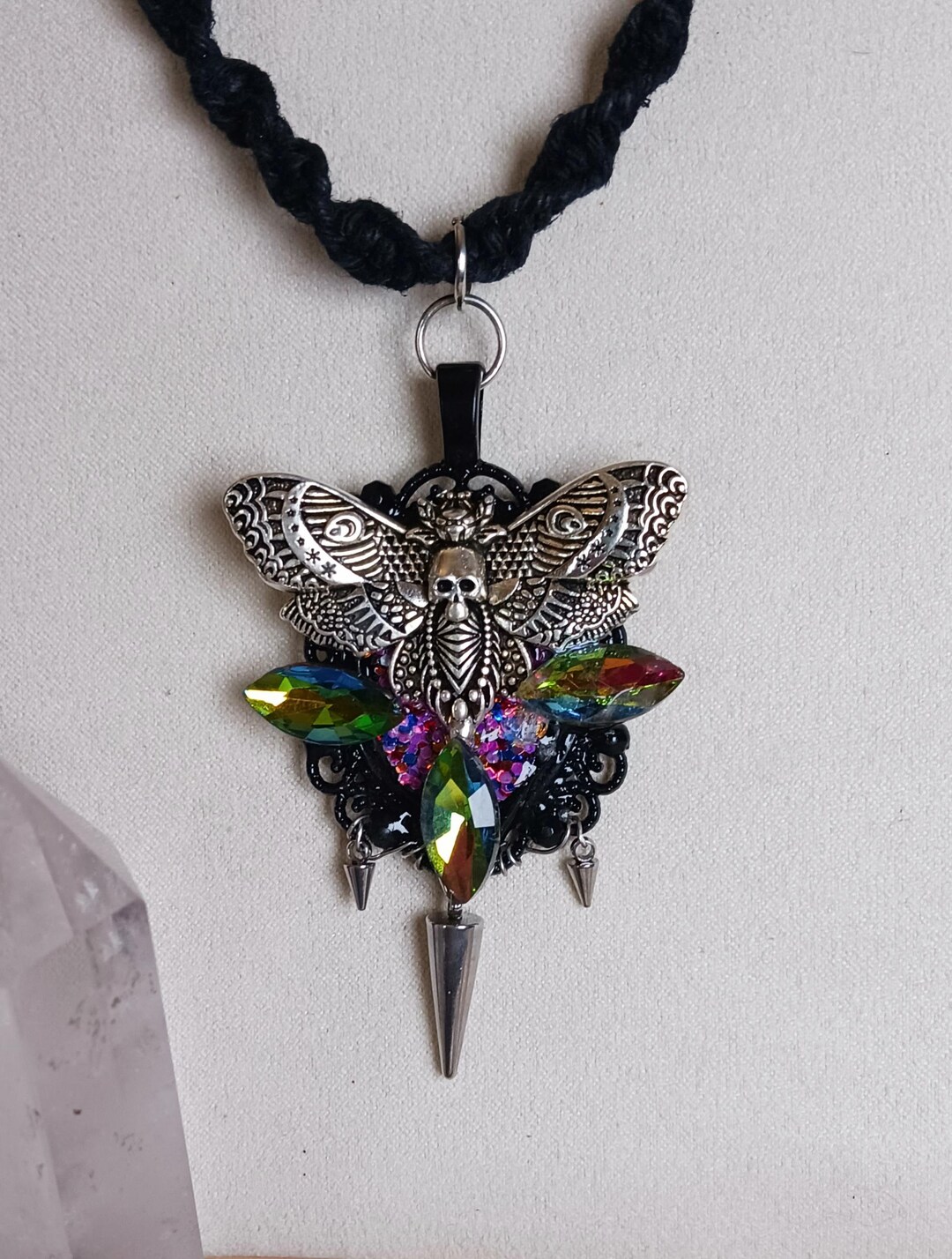 Black Hemp Necklace With Glitzy Mulitishimmer Ornate Moth Hanging ...