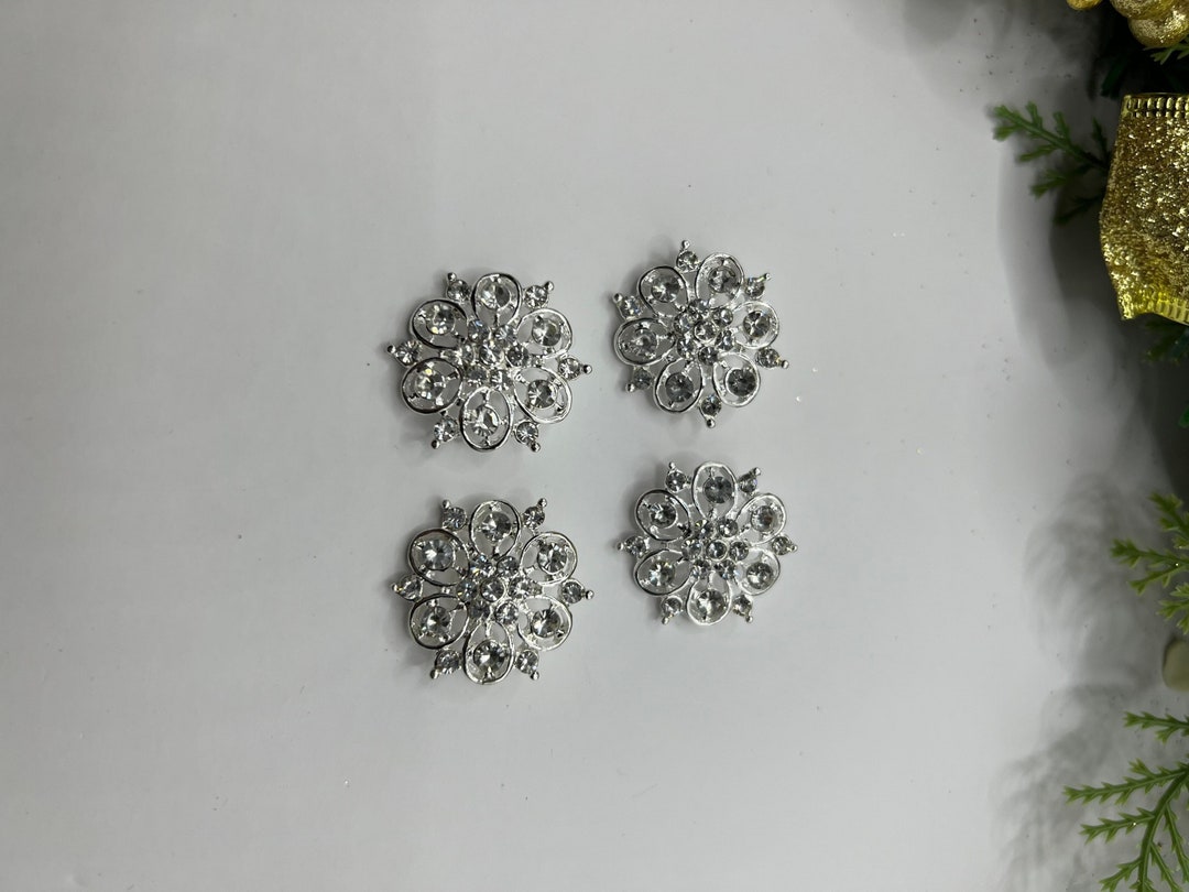 10 Flower Shape Silver Rhinestone Buttons, 1 1/4" Gems Glass Buttons ...
