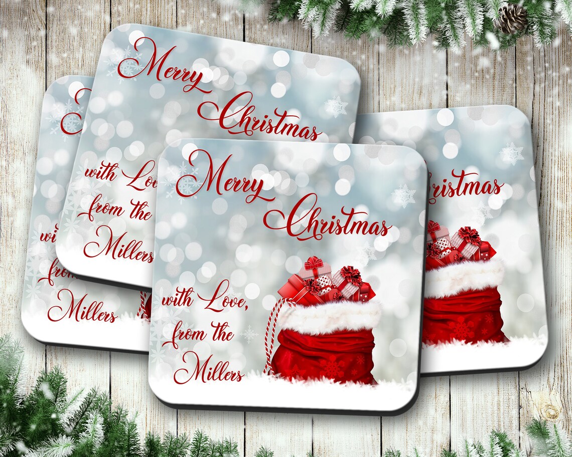 Personalized Holiday Coasters SET of 4 Cork Back Coaster | Etsy