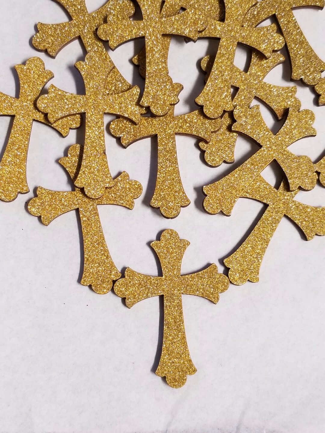 LOT of 10 Wooden Glitter Cross Craft Gold or Silver Color, Cutout Shape ...