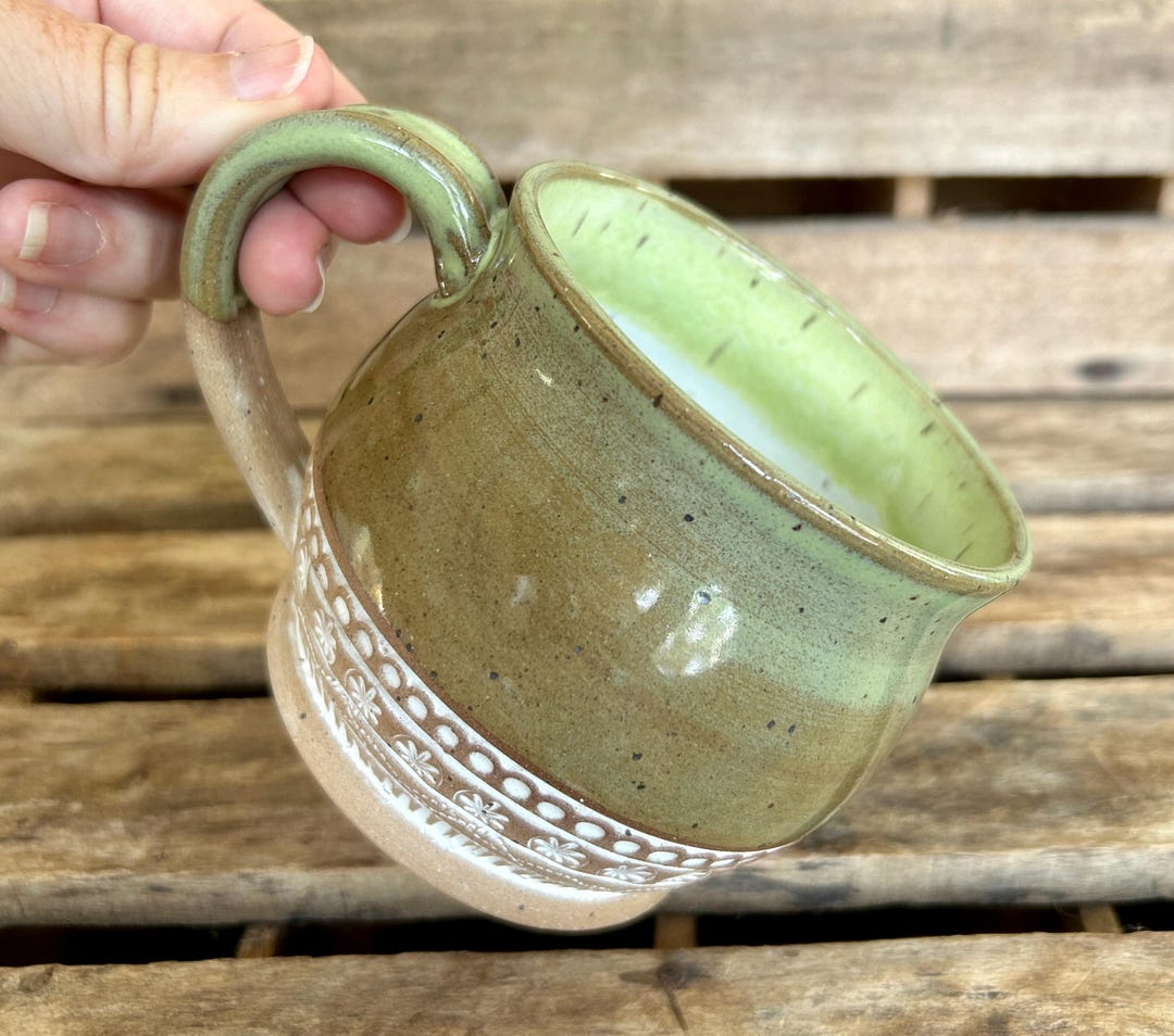Carved Stoneware Mug - Handmade Pottery Coffee Mug - Pot Leaf Stamped ...